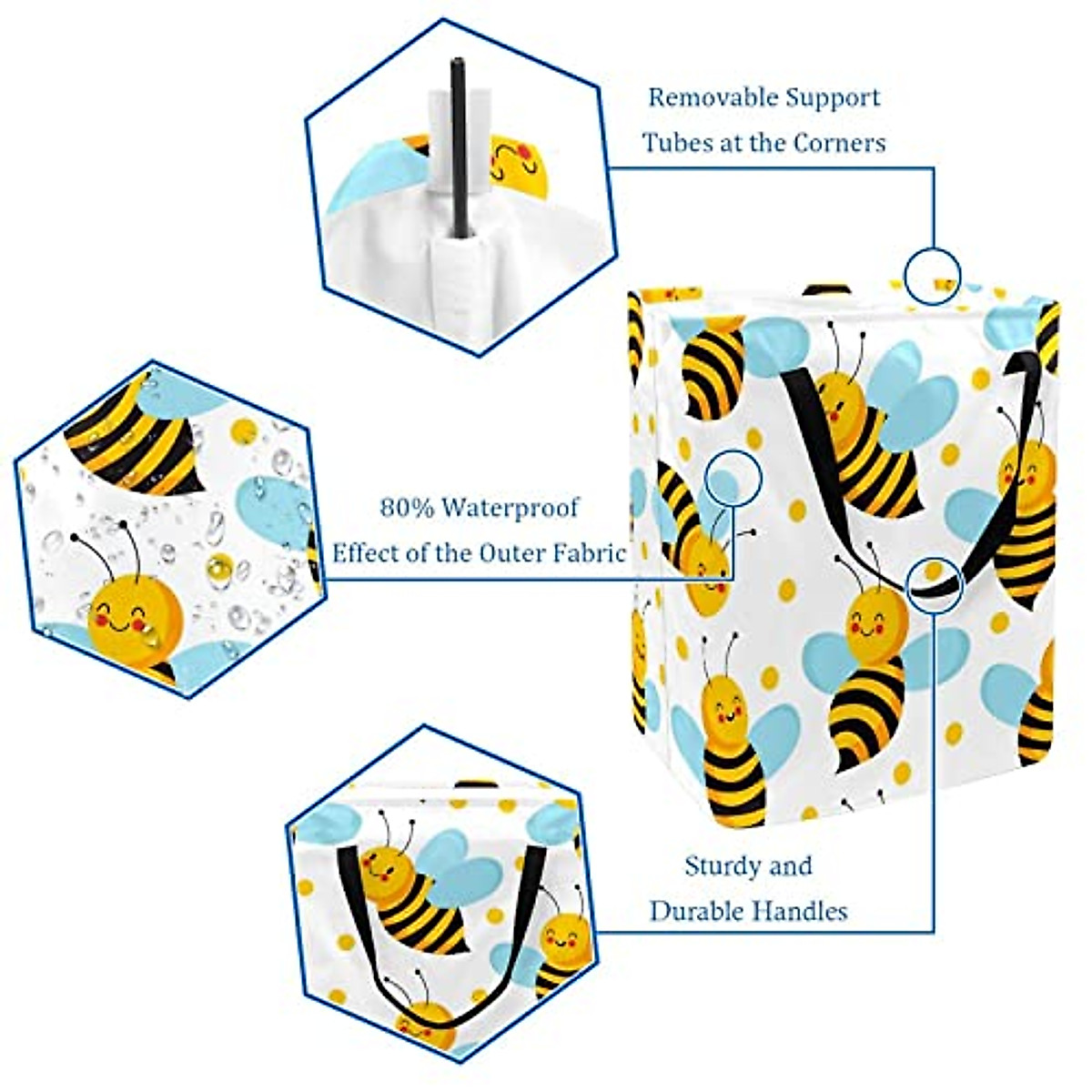 Flying Bee and Yellow Dots Print Collapsible Laundry Hamper, 60L Waterproof Laundry Baskets Washing Bin Clothes Toys Storage for Dorm Bathroom Bedroom