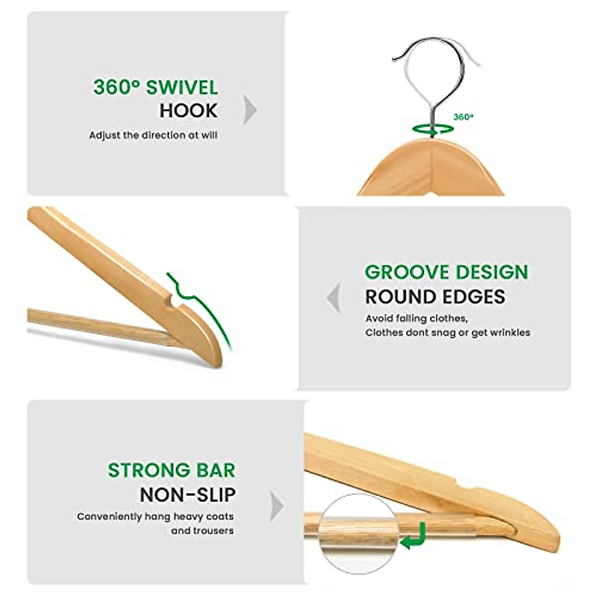 Nature Smile Wooden Suit Hangers 20 Pack Premium Solid Wood Coat Clothes Hangers with Non Slip Bar - Smooth Finish with 360° Swivel Hook and Smooth Notches for Camisole Jacket Pant Dress Natural Color