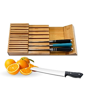 Xabono Knife Drawer Organizer Bamboo Kitchen Organizer Large Knife Block EdgeProtecting Kitchen Drawer Organizer Natural Silverware Organizer Elegant Bamboo Knife Drawer Organizer (15 Knife Organizer)