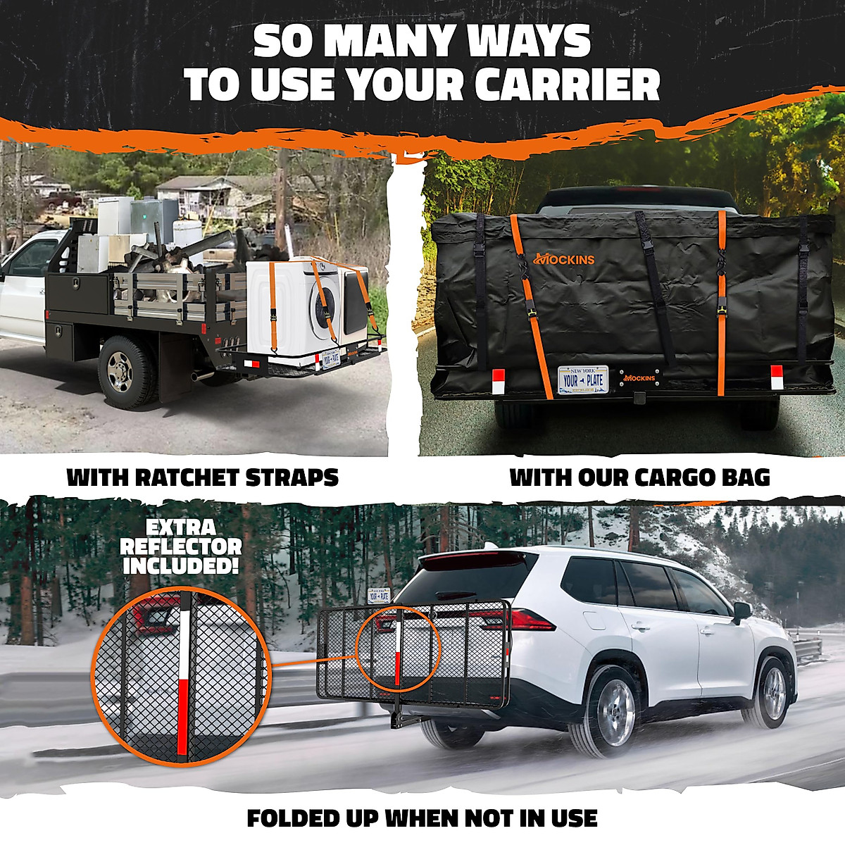 Mockins 70"x30"x6" XXL Folding Trailer Hitch Cargo Carrier |500Lbs. Capacity All-Weather Luggage Rack for SUV & Car| Cargo Racks for Trailer Hitch w/Stabilizer & Straps| Cargo Basket Fits 2" Receiver