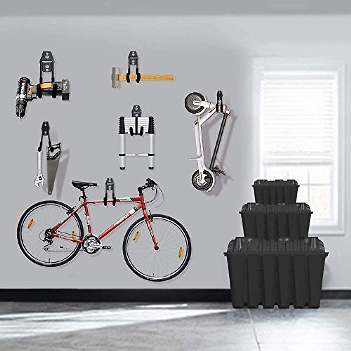 Garage Hooks, 12 Pack Wall Storage Hooks with 2 Extension Cord Storage Straps, Heavy Duty Tool Hangers for Utility Organizer, Wall Mount Holders for Garden Lawn Tools, Ladders Hanger, Bike (Black)