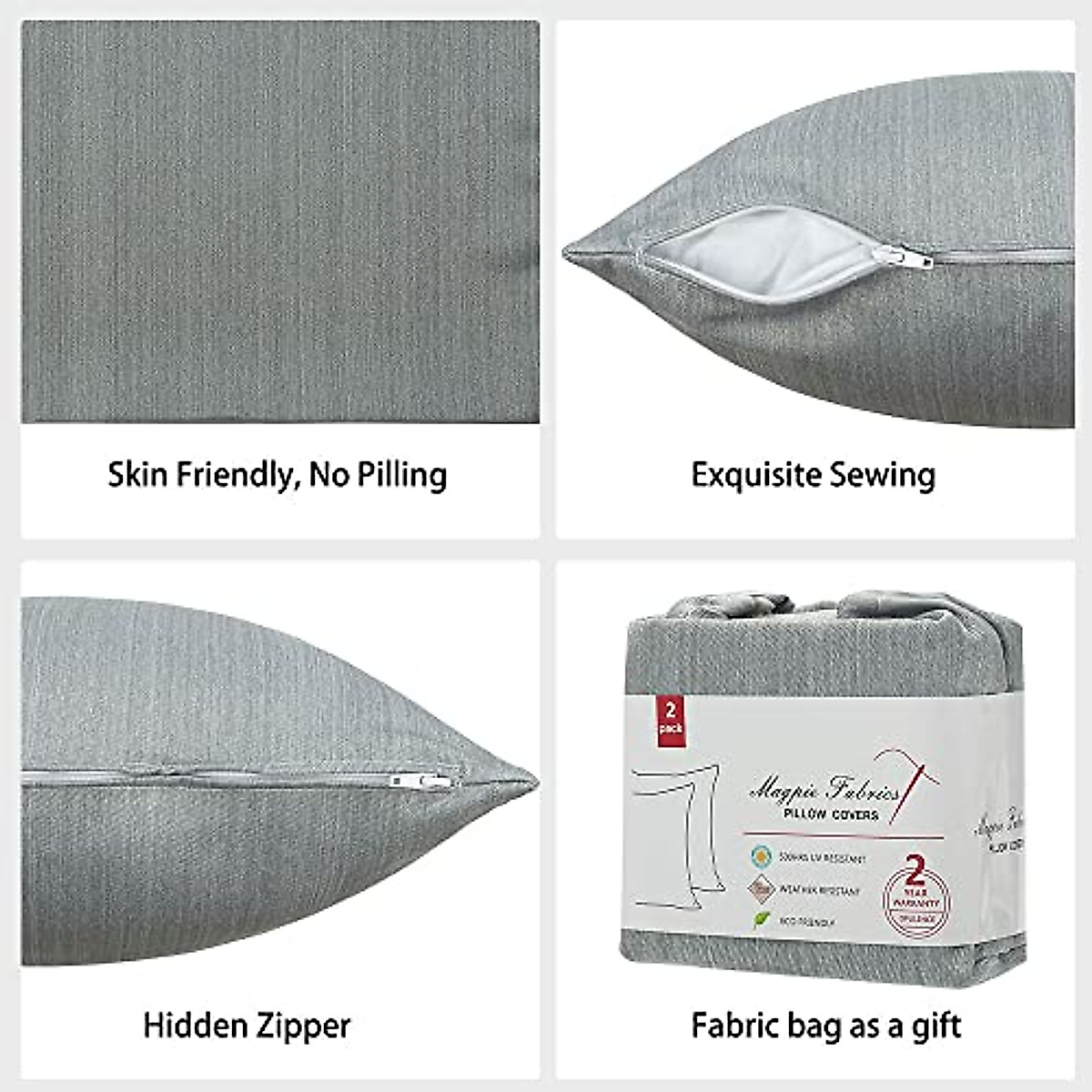 MAGPIE FABRICS Pack of 2 Outdoor Waterproof Throw Pillow Covers 18 x 18 Inch, Christmas Decorative Cushion Sham Pillowcase Shell for Garden Patio Tent Balcony Couch Sofa(Grey)