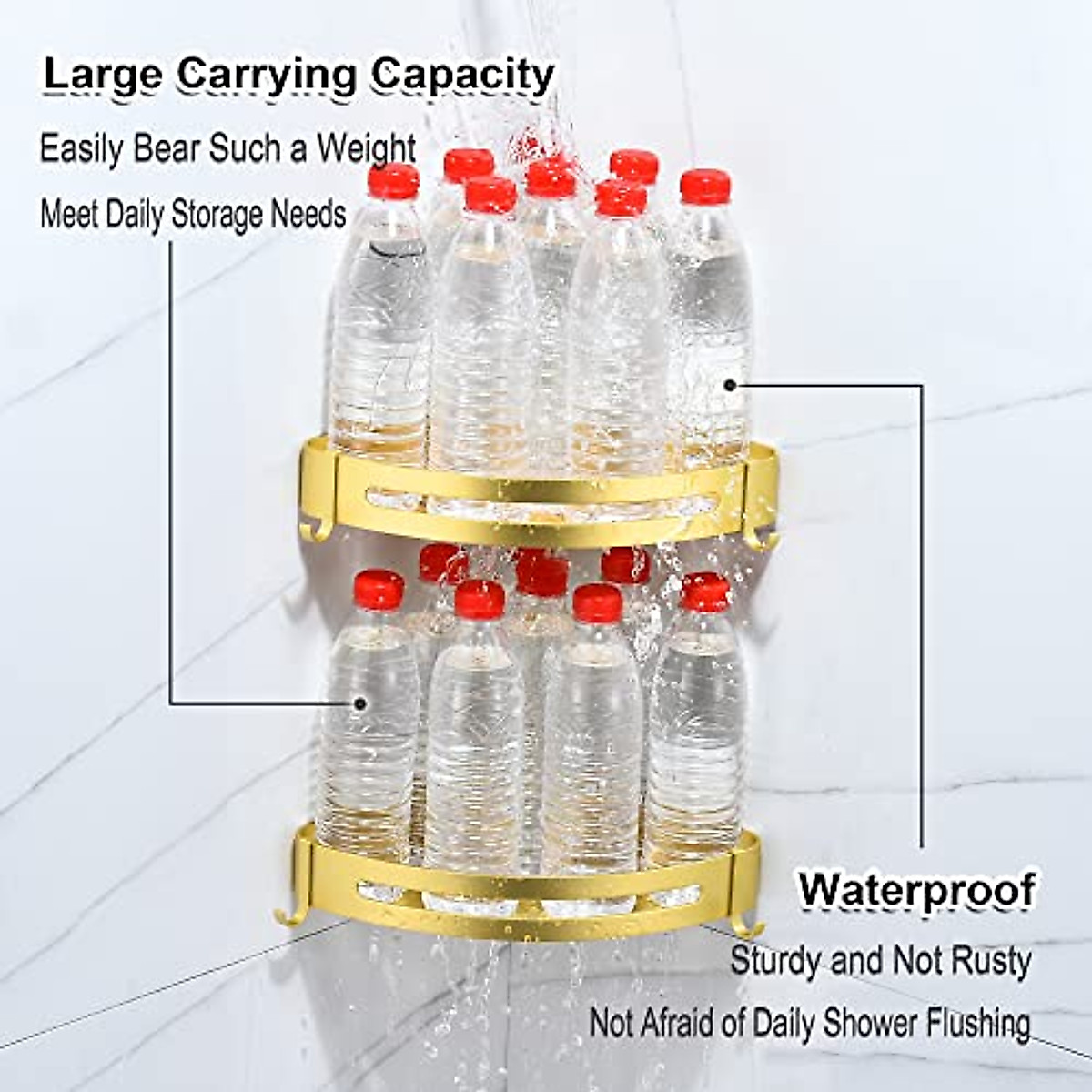 Corner Shower Caddy Wall Mounted, Metal Bathroom Storage Shelves with Hooks, Rust Proof Triangle Shower Shelf No Drilling, Adhesive Installation Bathroom Basket (2 Tiers, Bright Gold)