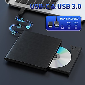 BILEYCHA External DVD Drive, USB 3.0 USB C CD Burner Portable DVD CD +-RW Drive DVD Player for Laptop CD ROM Burner Compatible with Desktop PC Windows Linux OS Apple Mac