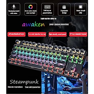 Type Writer Keyboard, Typewriter-Style Steampunk Mechanical Gaming Keyboards Blue Switch with 9 True RGB Backlight Modes and 87-Key Wired Keyboard with Spill-Resistant (Round Keycaps)