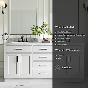 DKB Isabella Double Vanity 73" White with 1.5" Edge Italian Carrara Marble Countertop & Splash, Rectangular Sinks, 4 Soft Closing Doors, 6 Full Extension Dovetail Drawers, Toe Kick, Matte Black