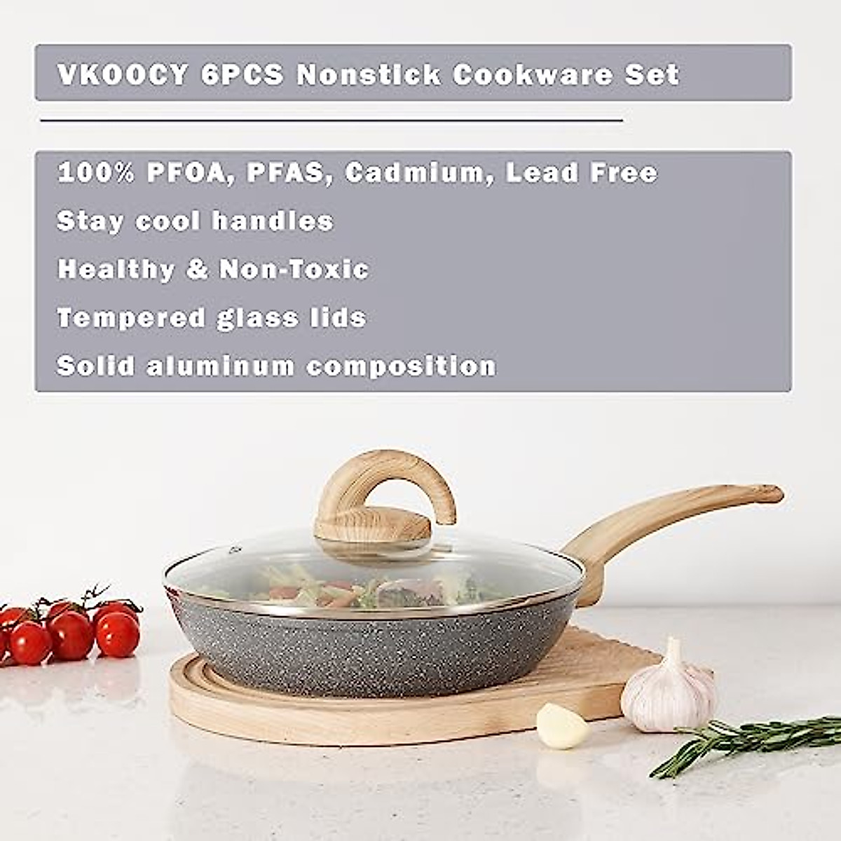 Vkoocy Gray Pots and Pans Set Non Stick, Ceramic Cookware Set Kitchen Cooking Sets Induction Pot and Pan w/Frying Pans, Saucepans, Casserole, Non-Toxic, PTFE/PFOA/PFOS-Free