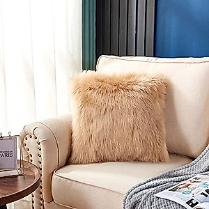 seemehappy 18" x 18" Khaki Fluffy Throw Pillow Cover with Insert Included Faux Fur Throw Pillows Decorative Fuzzy Pillows Furry Pillows Cushions for Chair Couch Bedroom