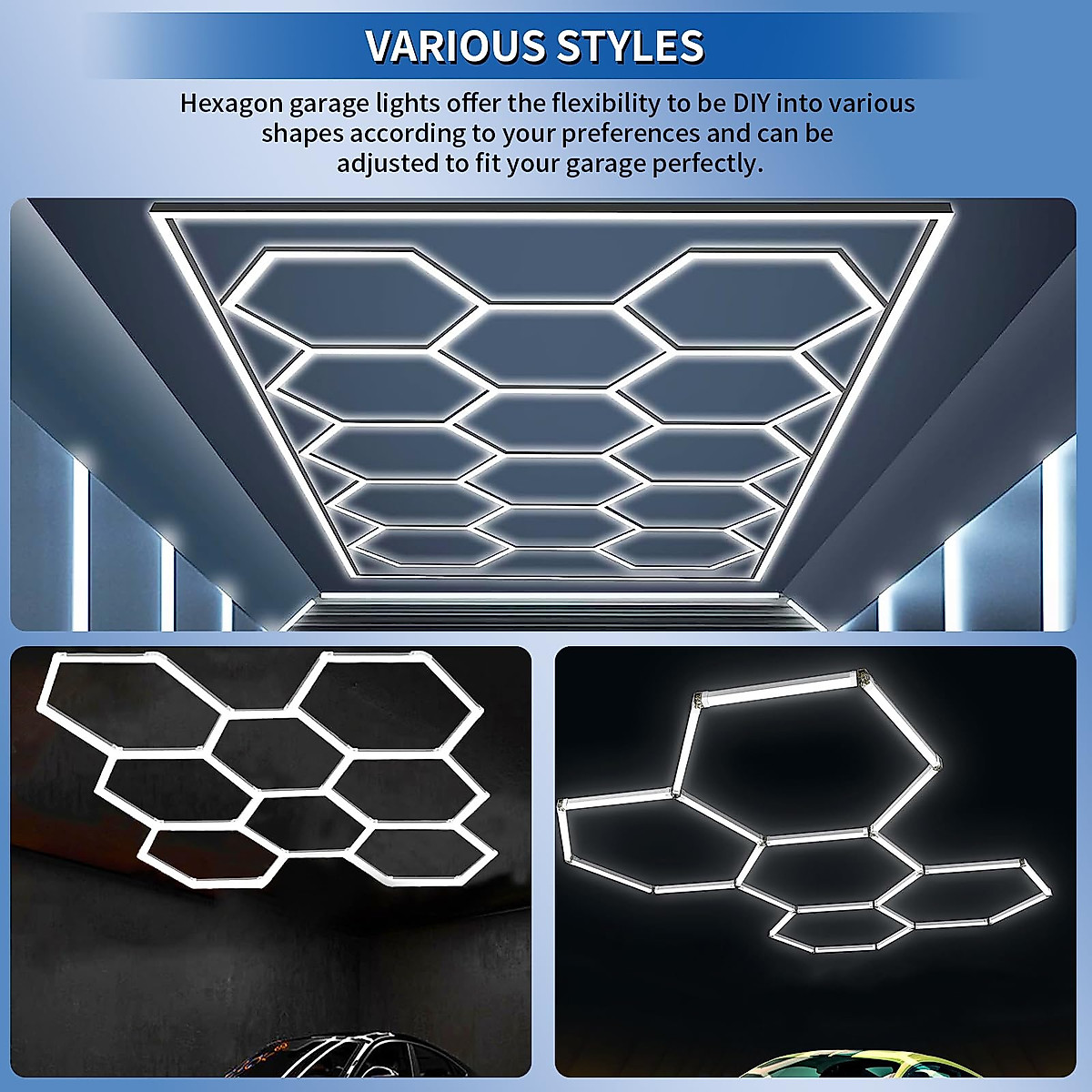 Hexagon Garage Lights, Honeycomb Hexagon Led Garage Light 14 Grid, High Brightness 672W 86400 Lumens Hexagon Light for Garage, Warehouse, Auto Beauty Shop, Work Shop