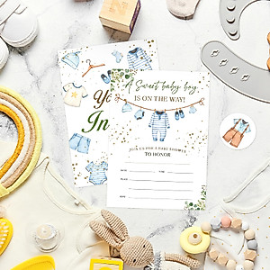 Whaline 25 Sets Boy Baby Clothes Baby Shower Party Invitations with Envelopes Stickers Blue Cute Party Invitation Paper Cards Fill-In Invites for Birthday Gender Reveal Party Supplies, 5 x 7 Inch