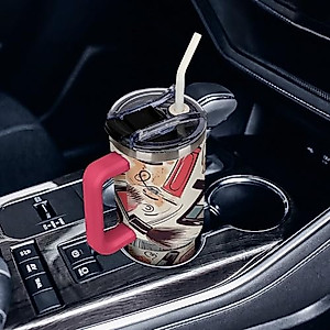 40 Oz Vacuum Tumbler with Light Rose Red Handle Leakproof Insulated Tumbler Cosmetic And Makeup Theme Pattern Stainless Steel Travel Mug with Lid And Straw Coffee Cup Cute Water Bottles Cup Holder Fri