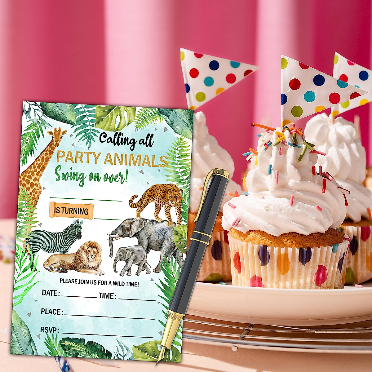 KFNER Calling All Party Animals Birthday Invitations, Safari Animals Birthday Party Invitation Card, Zoo Birthday Party Favors & Celebration Supplies(20 Set of Invitations with Envelopes)-B15