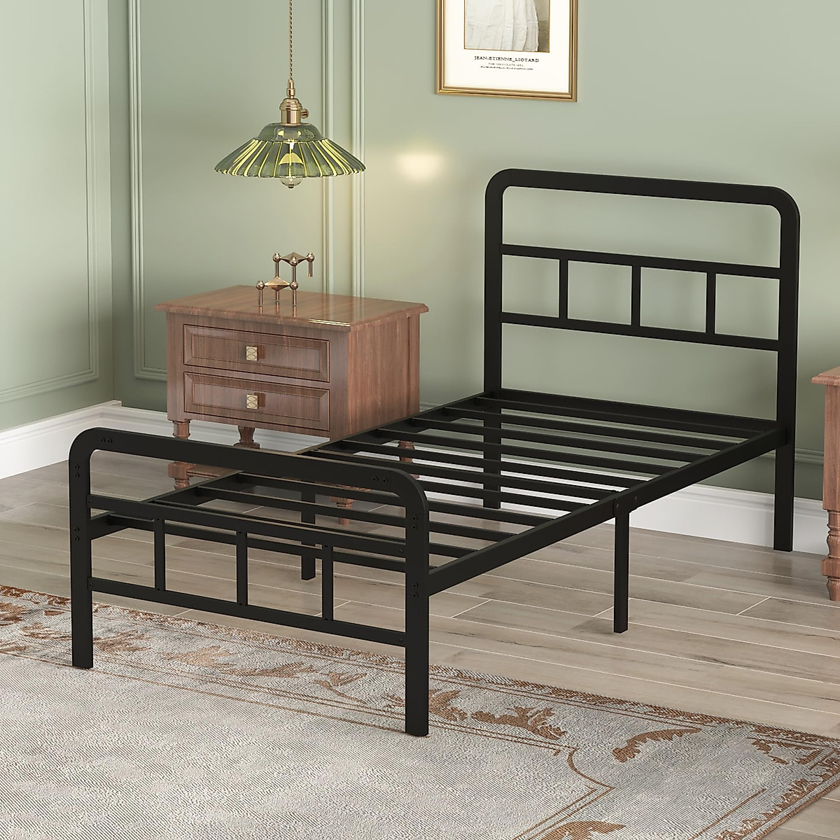 Richwanone 14 inch Twin Bed Frame with Headboard and Footboard, Metal Bed Frame with Steel Slat Support, No Box Spring Needed, Easy Assembly, Black