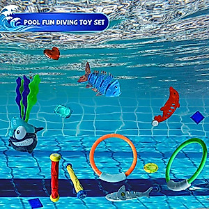 JOINBO Pool-Diving-Toys 27 Pack,Summer Swimming Pool Toys for Kids,Fun Pool Games Sinking Toy Set Includes 3 Diving Sticks,4 Diving Rings,8 Pirate Treasures,6 Fish Toys,6 Shark - Water Toys