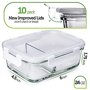 PrepNaturals Glass Meal Prep Containers Glass Food Storage Containers with Lids - 2 Compartment Glass Lunch Containers (10 Pack) Glass Storage Containers with Lids Glass Containers for Food Storage