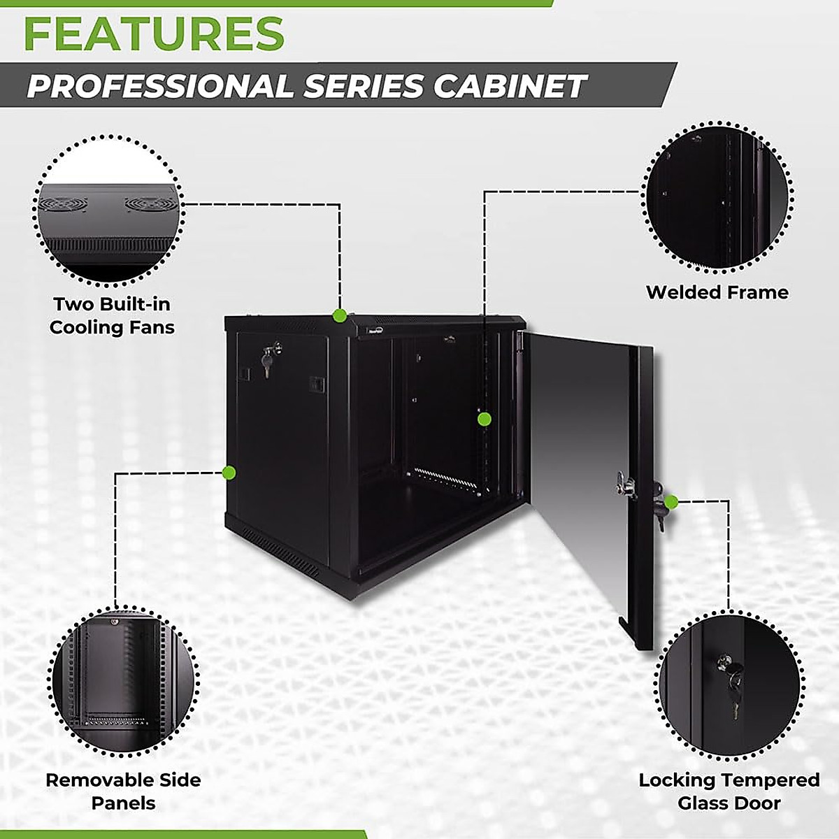 NavePoint 9U Server Rack Enclosure - 17.7” Deep, 9U Wall Mount Network Cabinet with Locking Glass Door for 19” IT Equipment, 9U Network Rack with 2 Fans, Removable Side Panels, Black