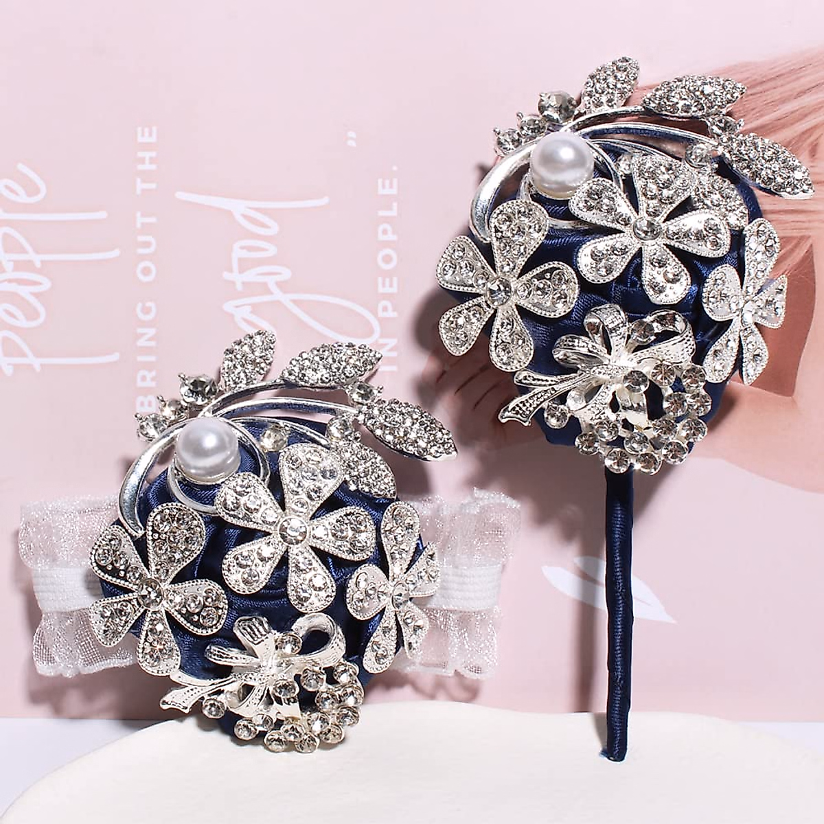 WANLIAN Wrist Corsage with Peal and Rhinestone Corsage and Boutonniere Set for Wedding,Prom,Party (Silver Navy Blue，2 Pieces)