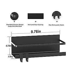 LITINEE Magnetic Spice Rack for Refrigerator Magnetic Shelf with 4 Removable Hooks, Strong Magnetic Spice Rack Perfect Space Saving for Holding Spices, Jars, Bottle, Olive Oil (Black, 2Pack)