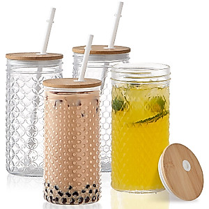 Hyperspace 4Pack Glass Tumblers with Bamboo Lids and Straws, 24 OZ Wide Mouth Mason Jar Drinking Glasses Travel Bottles with Varitey of Patterns for Multi Use