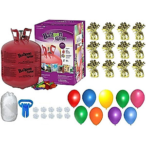 BLUE RIBBON, Helium Tank with 50 Balloons and White Ribbon + 12 Gold Balloon Weights + Plus Balloon Tying Tool