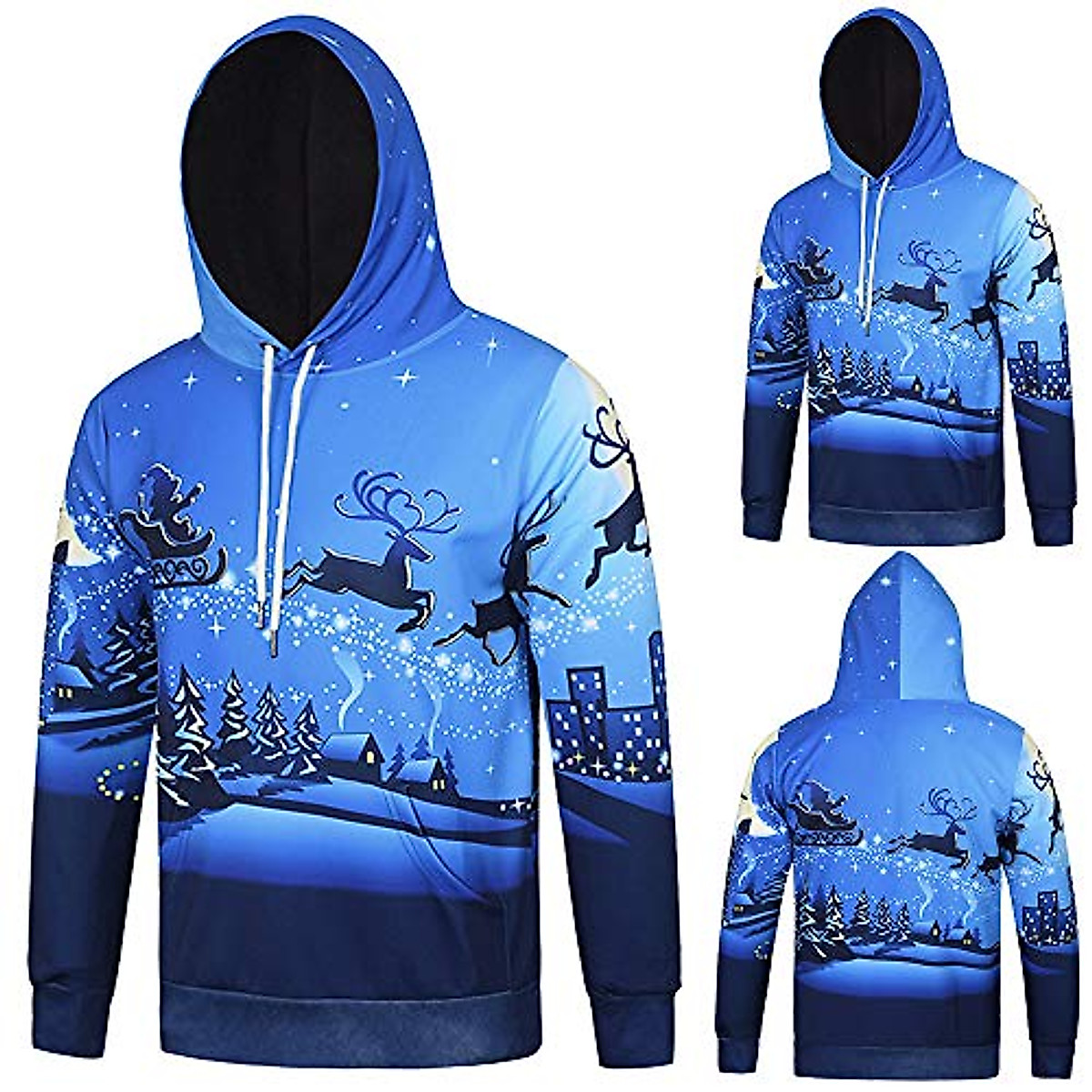 Cool Hoodies for Men, Thenlian Mens 3D Printed Christmas Pullover Long Sleeve Hooded Sweatshirt Tops Blouse(Blue, XXXL)