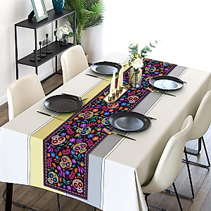 Dia De Los Muertos Table Runner Cinco de Mayo Rustic Linen Mexican Sugar Skull Day of The Dead Altar Decoration for Home Kitchen Dining Room (13" x 72")