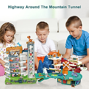 Likrolwe Boys Race Track Sets, Toy Car Ramp Track Climbing Hills Adventure Toy Vehicle Playsets with 4 Mini Cars and Garage, Race Track for Boys Age 4-7