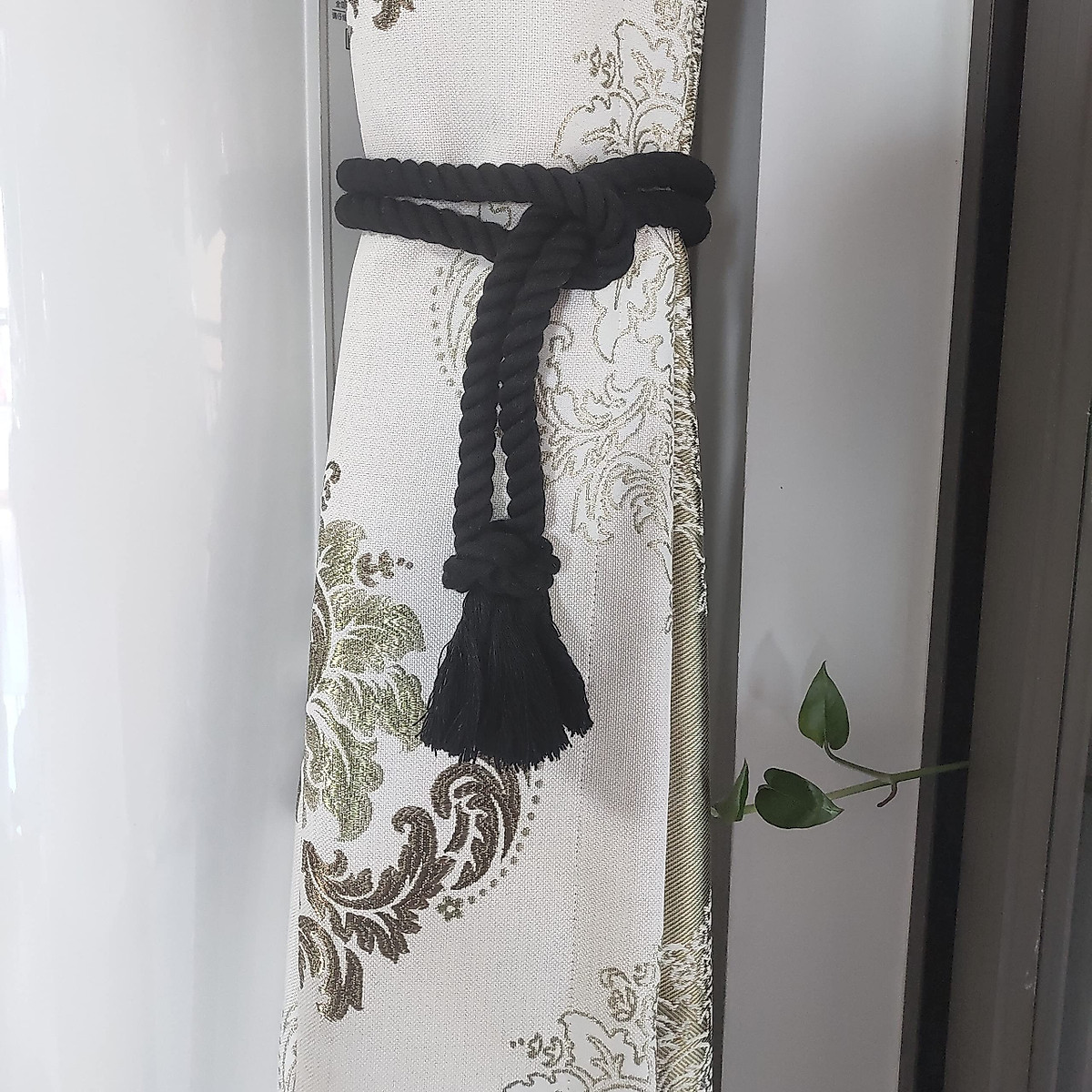 Yteseery 2 Pack Curtain tiebacks Rope, Outdoor Curtain Tiebacks, Natural Cotton Curtain Ties, Village Rural Rustic Farmhouse Curtain Holdbacks Curtain tie Backs Holders for Heavy Duty Drapes, Black