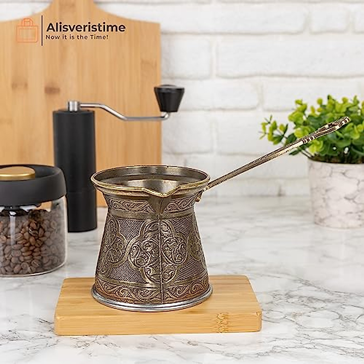 Alisveristime Authentic Turkish Coffee Pot, Handmade Cezve/Ibrik, Multiple Sizes and Colors Available - Enhance Your Coffee Experience Now! (Antique Green, 6 Cup)