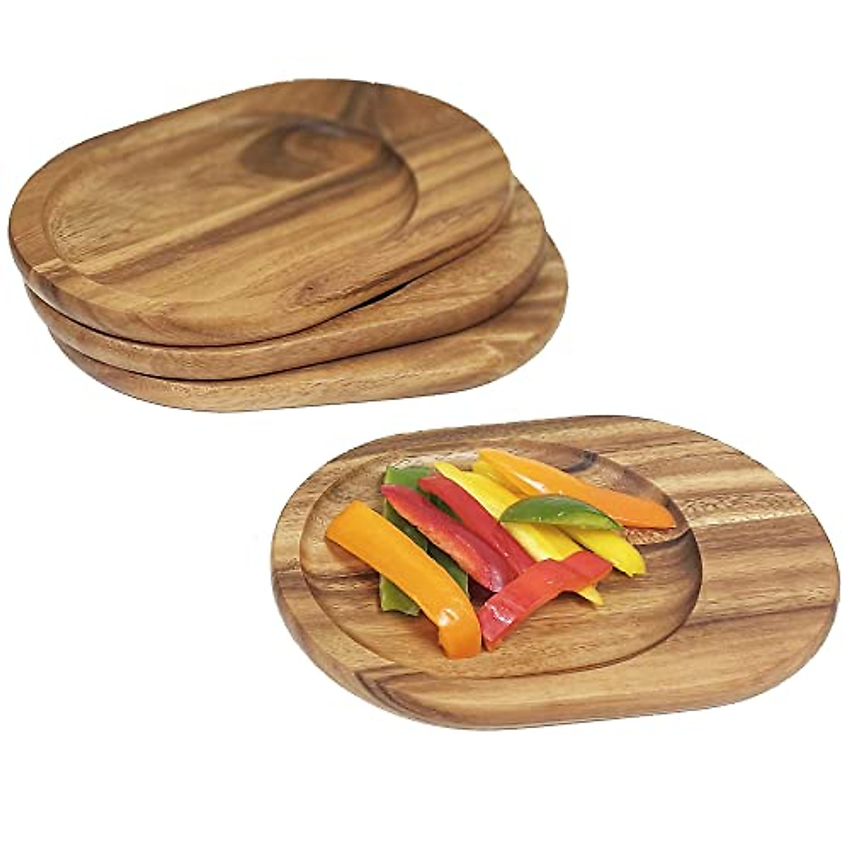 4 Acacia Wood Individual Oval Serving Trays, Perfect for Serving, Sushi, Cheese, Hors D'Oeuvre, Charcuterie, Sandwiches, by Woodard & Charles, 4 Piece Set, 10" x 7"