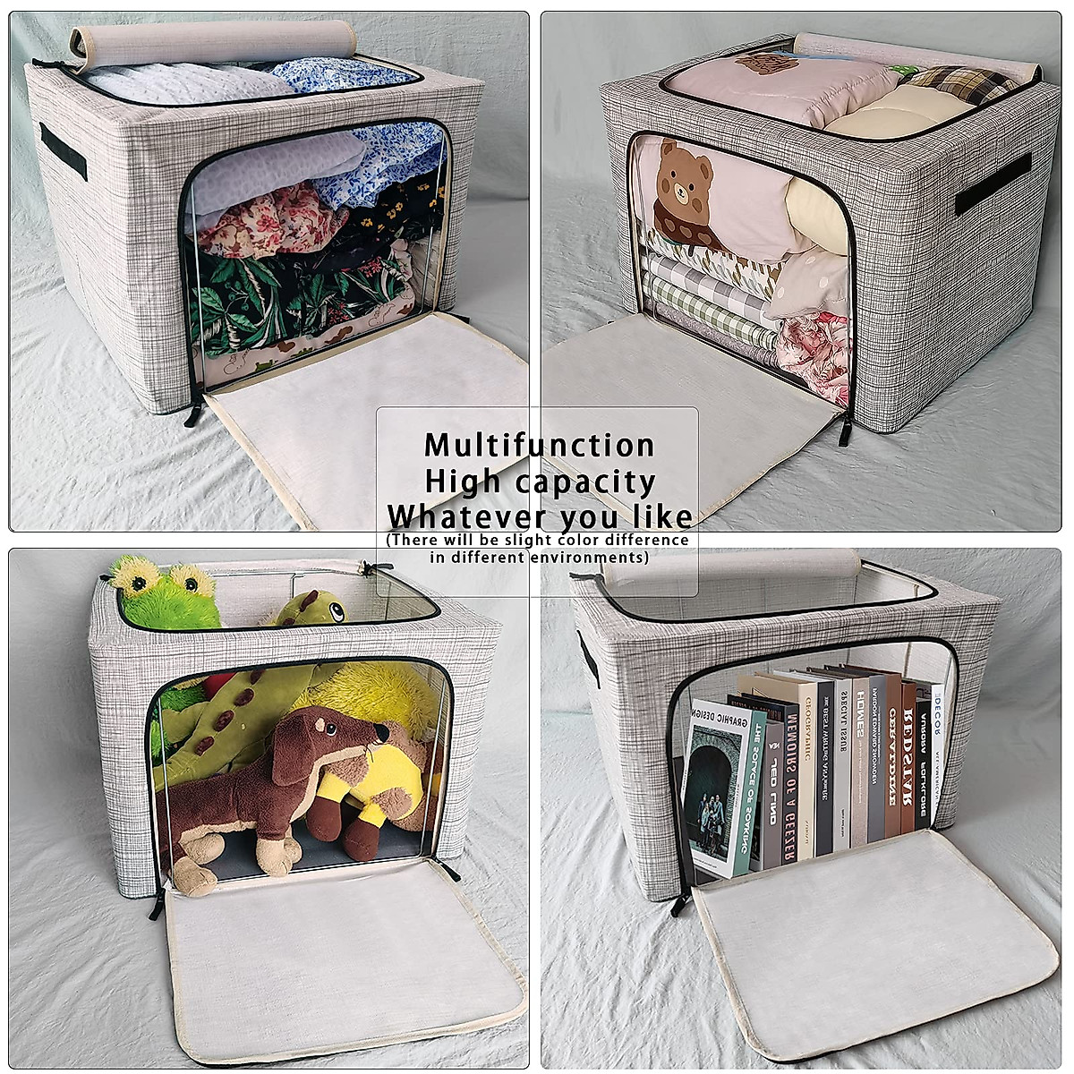 HOPABTO Blankets Storage Boxes Bins,72L 2pcs,Large Clothes Organizers,Double Opening With 4 Steel Frame,Foldable Oxford Containers for Comforters,Closet,Bedding(Gray)