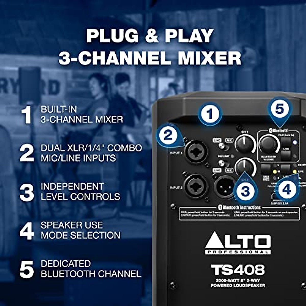 Alto Professional TS408 - 2000W 8" Powered PA Speaker with 3 Channel Mixer, Bluetooth Streaming, Wireless Loudspeaker linking, DSP and Alto App