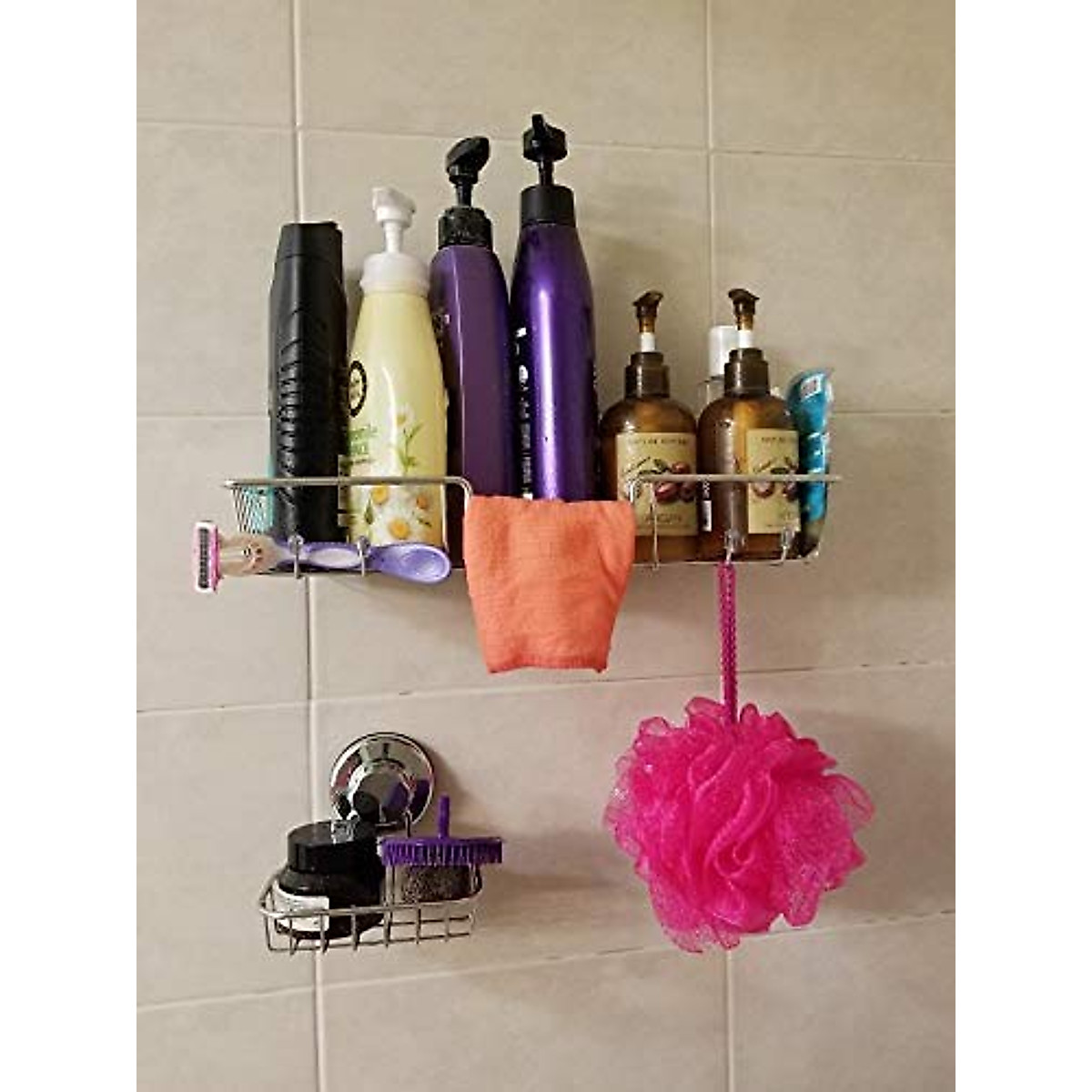 MONOKIT Shower Caddy Suction Cup Basket-Command Bathroom Shower Wall Caddy Organizer Shelf with Hooks Stainless Steel Large Shampoo Shower Holder Shelves for Bath, Drill Free and Never Rust