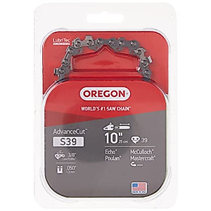 Oregon S39 AdvanceCut Replacement Chainsaw and Pole Saw Chain for 10-Inch Guide Bars, 39 Drive Links, Pitch: 3/8" Low Vibration, .050" Gauge, Fits Atlas, Makita, Poulan, and More,Gray