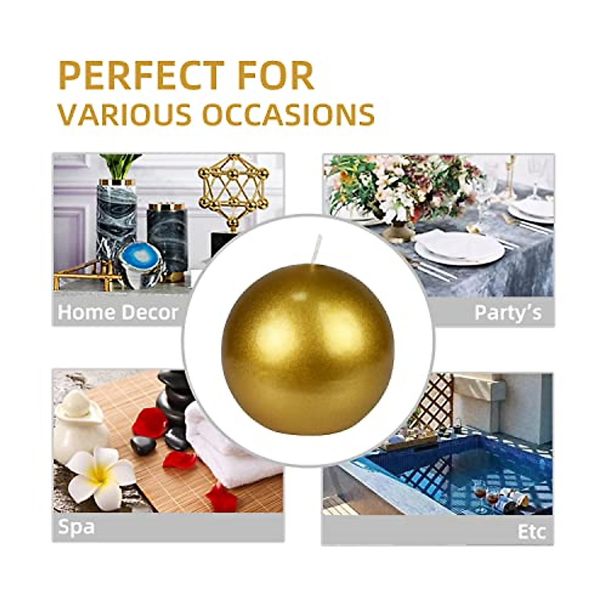 Zest Candle 2-Piece Ball Candles, 4-Inch, Metallic Gold