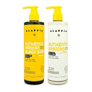 Alaffia Authentic African Black Soap Scalp Care Shampoo and Conditioner - For All Hair Types Normal to Dry Scalp, Nourishes & Soothes the Scalp with Shea Butter & Neem Oil, Tea Tree & Mint, 12 Oz Each