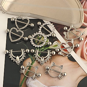 TIANCI FBYJS 11 Pairs Stainless Steel 14G Nipple Rings Nipplerings CZ Heart Tongue Shield Barbell Rings Retainer Body Piercing Jewelry for Women 9/16Inch