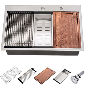 31 Inch Drop In Kitchen Sink Workstation- Wesliv 31x20 Inch Drop Sink Topmount Ledge Workstation Stainless Steel 16 Gauge Single Bowl Overmount Kitchen Sink with Cutting Board