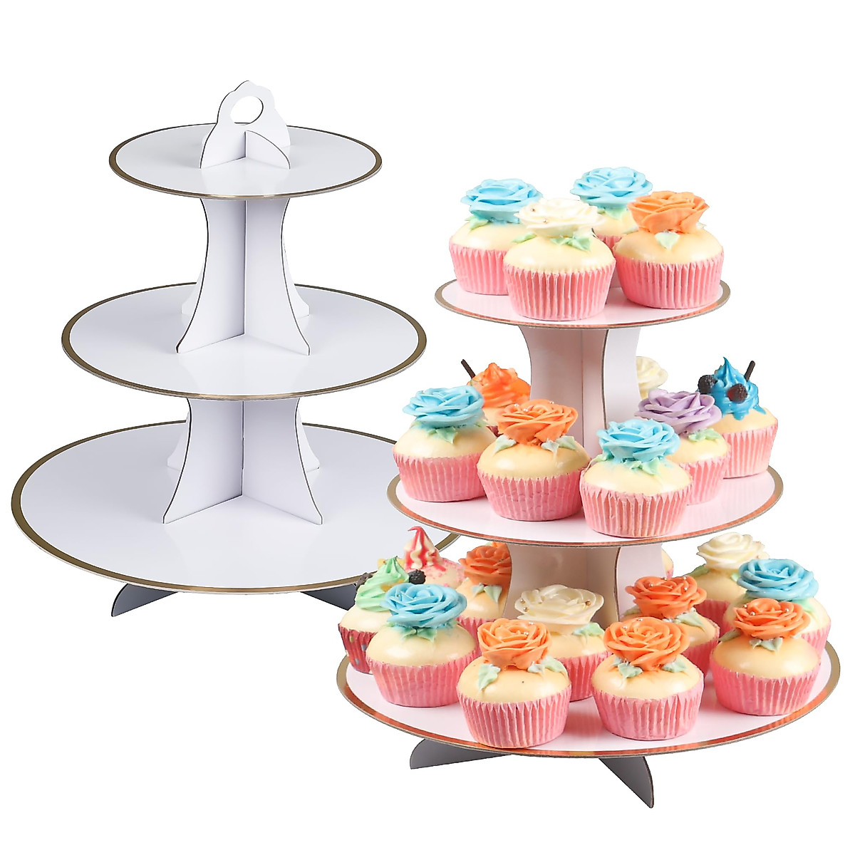White Cupcake Stand, 3-Tier Cupcake Tower, 2 Set Cup Cake Holder,Cardboard Display Stands for Pastry Dessert Tables, Party Favors Decoration, Baby Shower, Birthday.