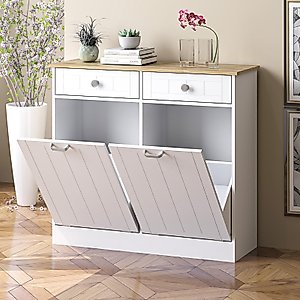Rovibek Double Tilt Out Trash Can Cabinet with Storage Drawer Multifunctional Hidden Garbage Can for Kitchen, Bathroom, Laundry and Living Room