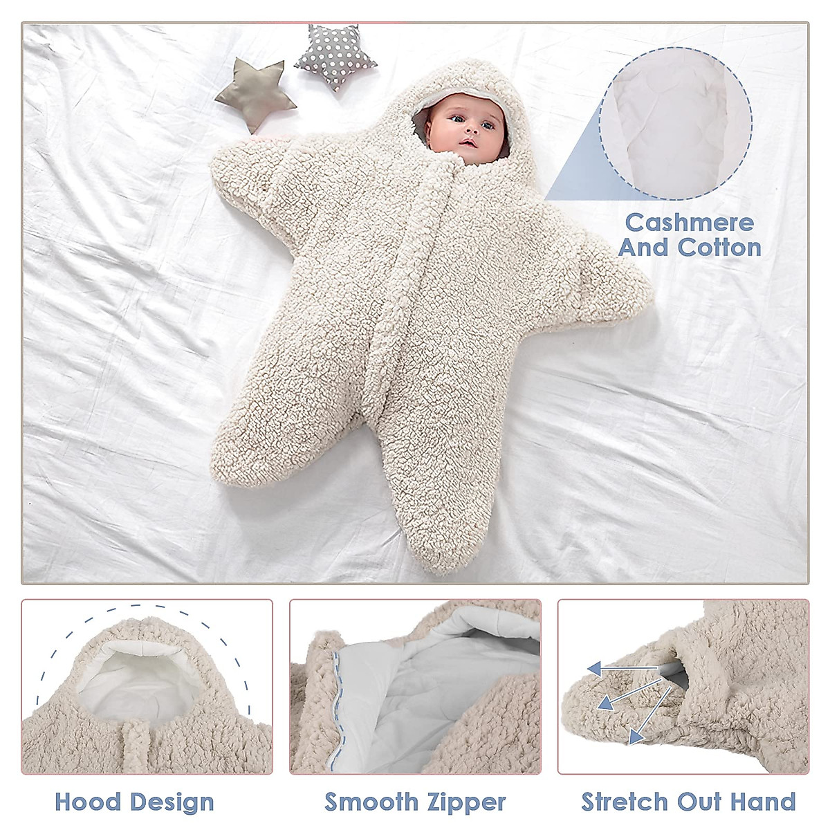 Unisex Baby Wearable Sleeping Bag Cashmere Cotton Starfish Fleece Newborn Wrap Blanket Sack Dibiao Breathable Bag Sleeper for 0-6 Months Baby Boys Girls (Grey)