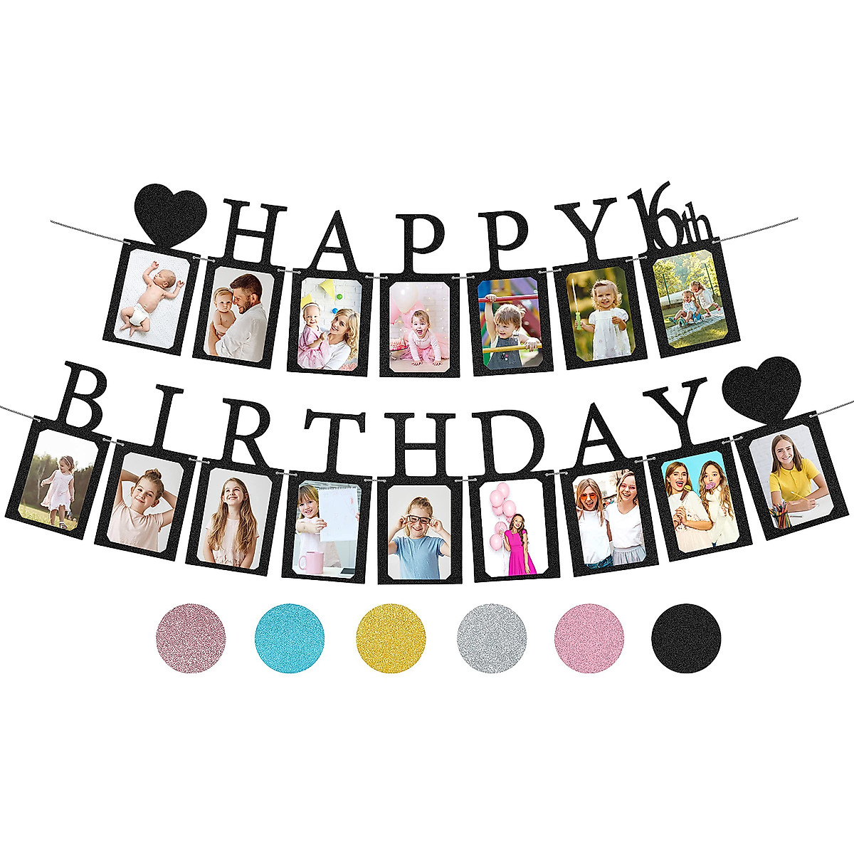 Sweet 16 Birthday Decorations Photo Banner in Black Pre-assembled - Sweet 16 Banner WITH Sixteen Photo Card Frames Party Supplies - Happy 16th birthday decorations for girls with 16 Signs