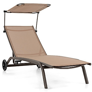 HAPPYGRILL Chaise Lounge with Wheels & Adjustable Canopy Shade, Outdoor Mobile Tanning Chair with Cup Holder, Recliner Chair for Patio Poolside Lawn Beach