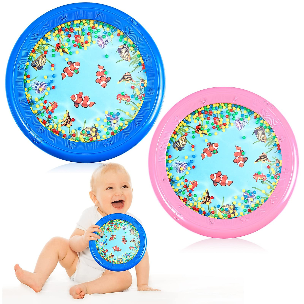 2 Pcs Ocean Drum Wave Bead Drum Wave Drum Ocean Sound Drum Gentle Sea Sound Music Gift Educational Sea Sound Drum Tool Percussion Instruments Drum for Christmas, Pink and Blue, 7 Inch 8 Inch