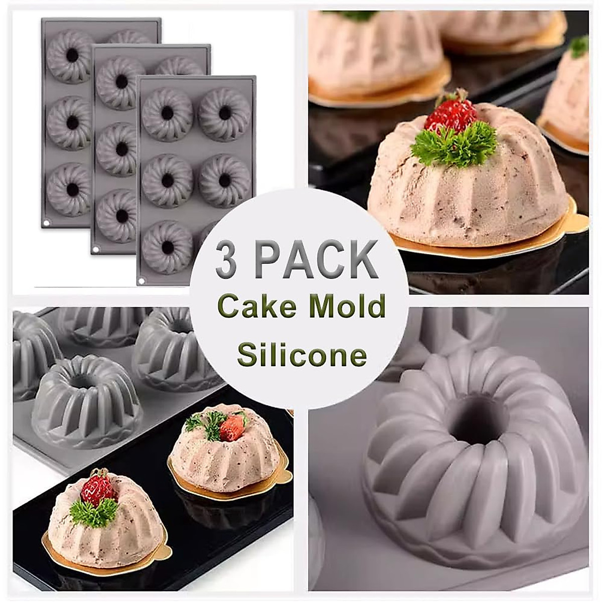 Elesinsoz 3pcs Mini Bundt Cake Pan, 6-Cavity Thickened Silicone Donut Molds Nonstick Fluted Cake Pans For Baking, Mini Tube Cake Baking Pan for Muffin, Coffee Cake, Jello - Grey