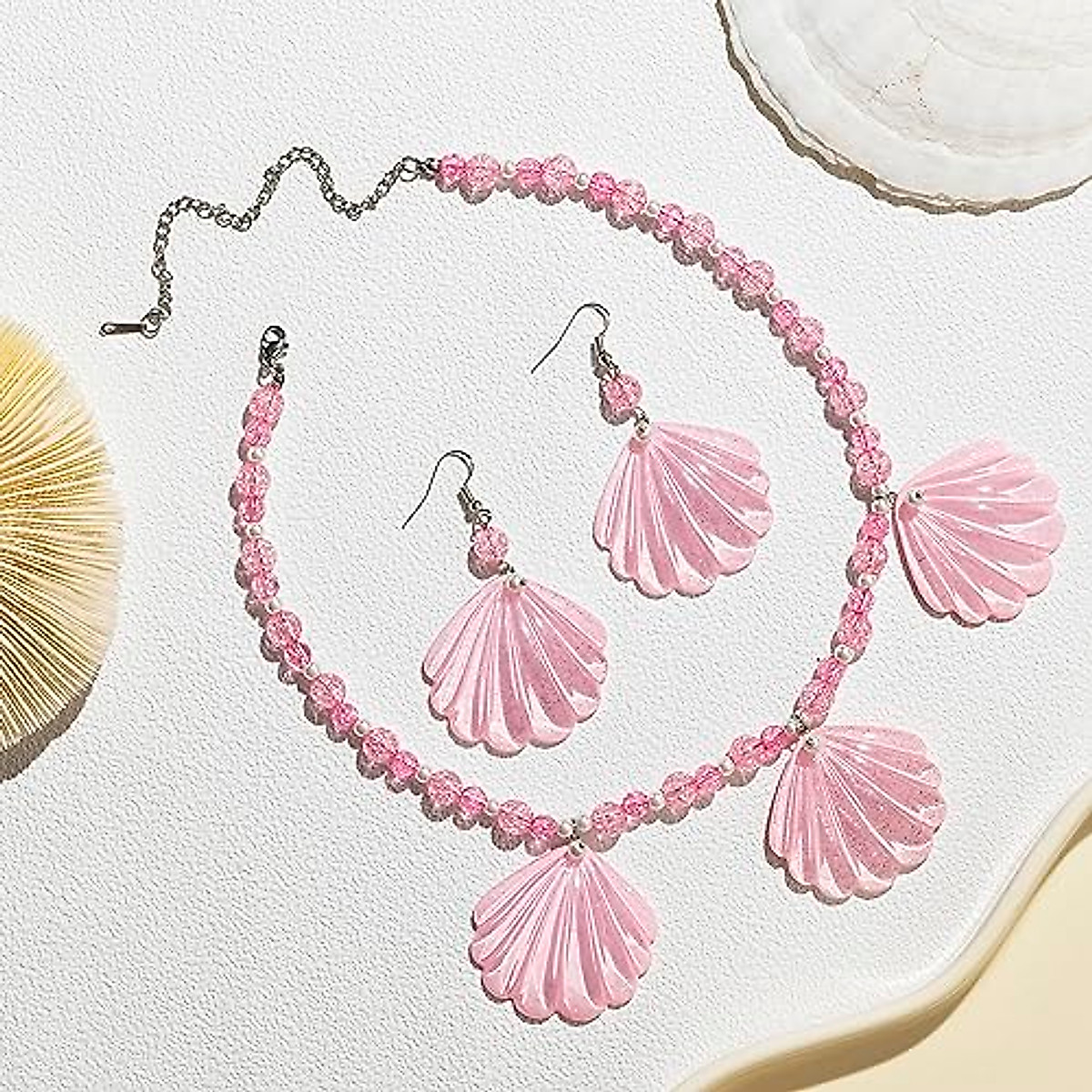Qiuseadu Pink Seashell Necklace Earrings Set Girls Costume Dress Up Accessories Jewelry for Girls Women
