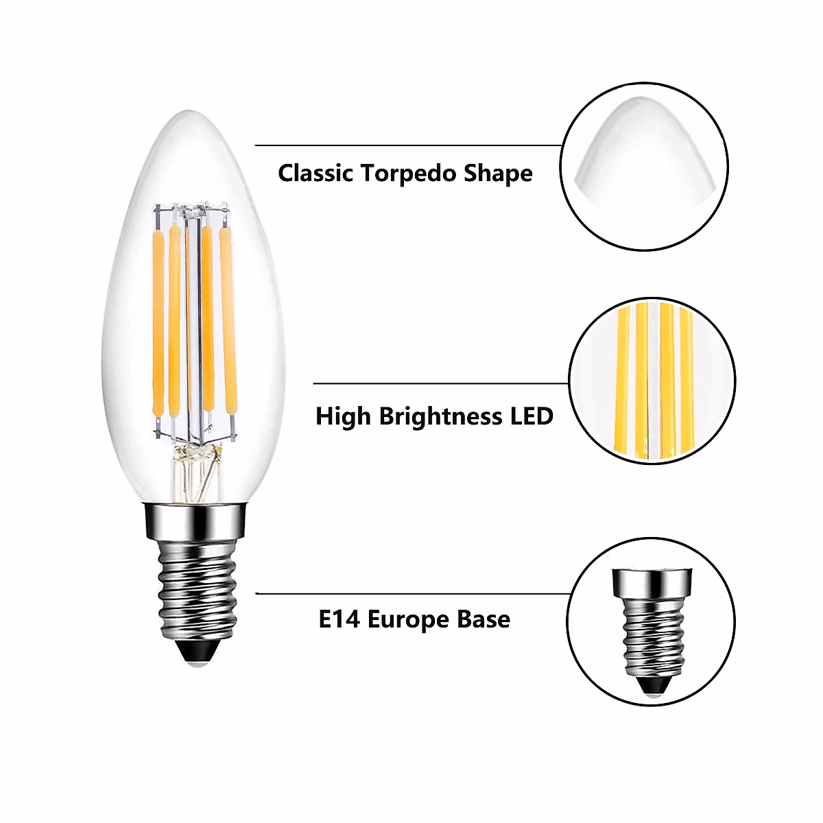 E14 LED Bulb Dimmable 40W Equivalent 3000K Soft White, E14 European Candelabra Base Light Bulbs, Clear Glass Torpedo Shape, 6 Pack