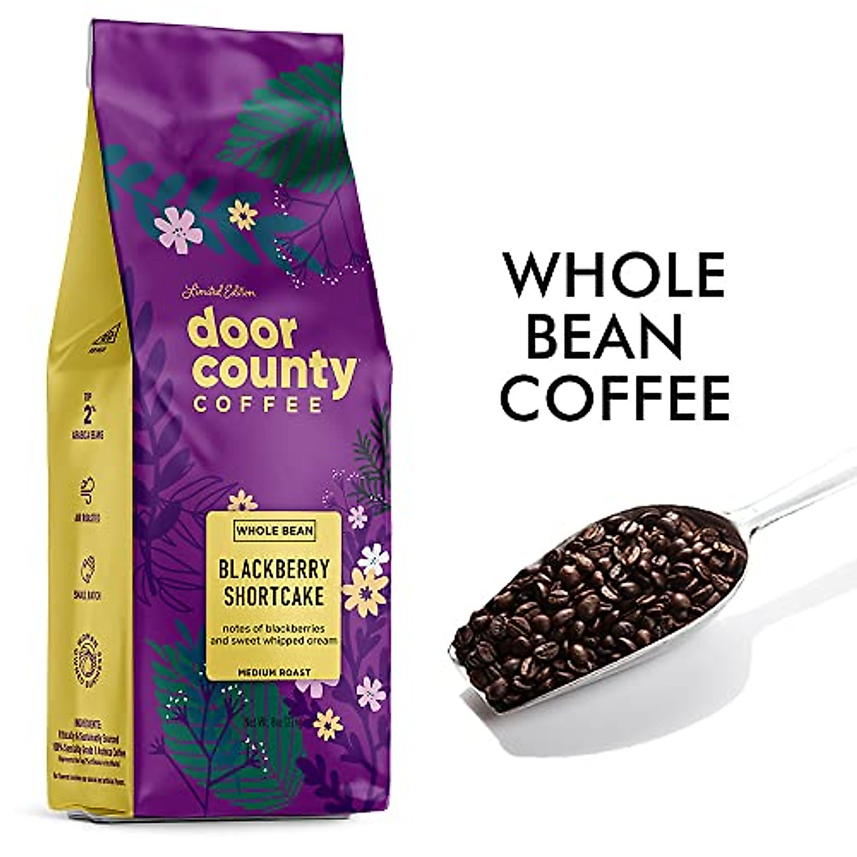 Door County Coffee - Spring & Summer Seasonal Blend - Blackberry Shortcake, Blackberry Shortcake Flavored Whole Bean Coffee - Medium Roast, 8 oz Bag