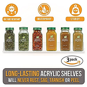 Pretty Display Spice Rack Wall Mount Crystal Clear Acrylic Spice Rack Organizer [3 Pack] Strong & Secure Shelf Design with Front & Ends -Easy to Install- 15” Customizable Wall Mounted Spice Shelves