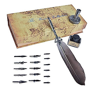 AIVN Calligraphy Pen - Antique Feather Quill with 17 nibs - Writing Case with Black Ink